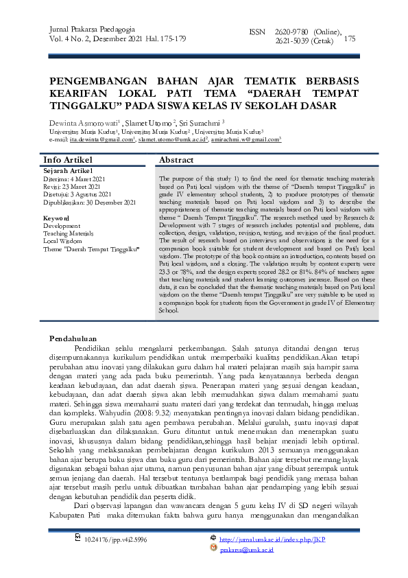 (PDF) Pengembangan Bahan Ajar Tematik Berbasis Kearifan Lokal Pati Tema “Daerah Tempat Tinggalku ...