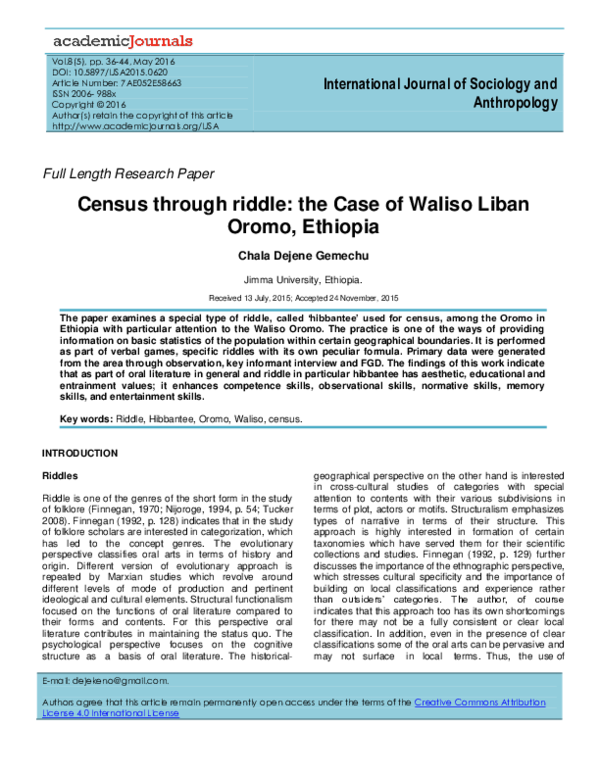 (PDF) Census through riddle: the Case of Waliso Liban Oromo, Ethiopia