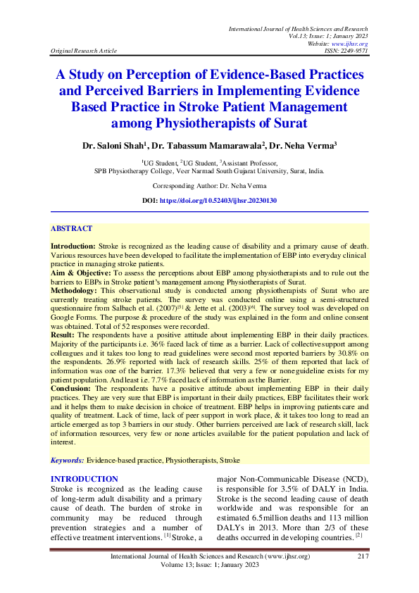 (PDF) A Study on Perception of Evidence-Based Practices and Perceived Barriers in Implementing ...