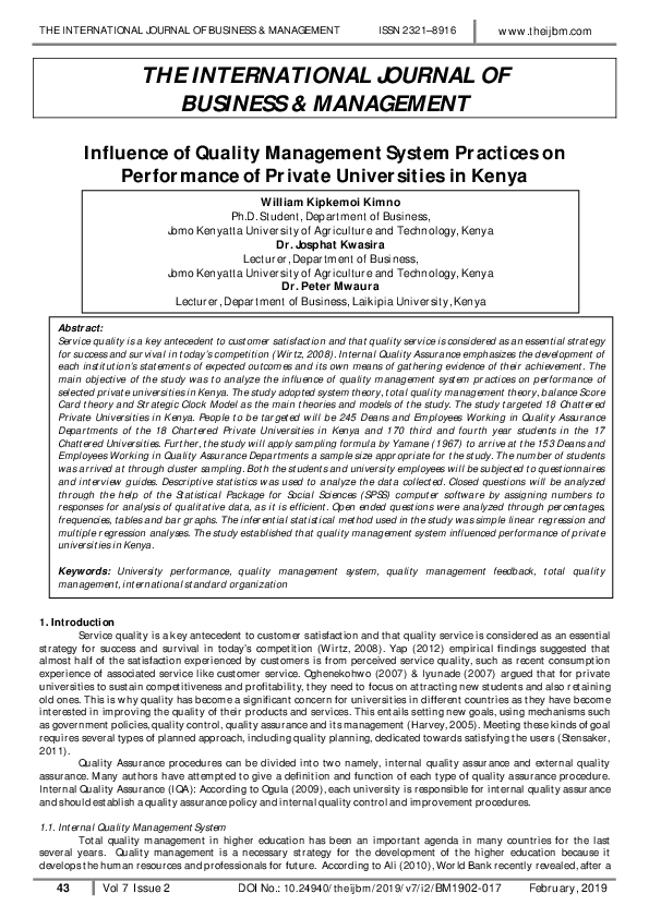(PDF) Influence of Quality Management System Practices on Performance ...
