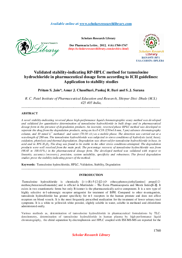 (PDF) Validated stability-indicating RP-HPLC method for tamsulosinehydrochloride in ...