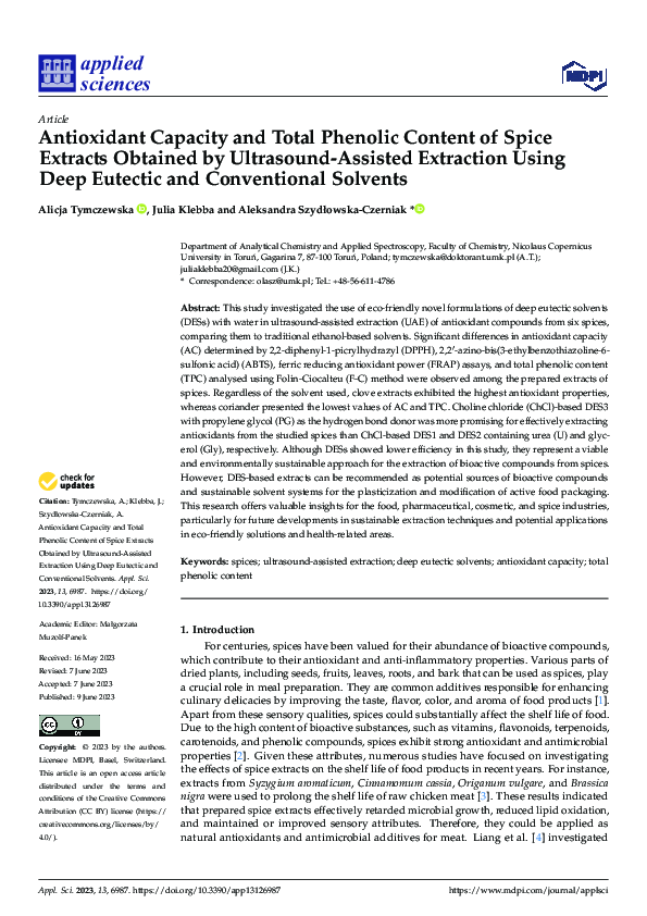 Pdf Antioxidant Capacity And Total Phenolic Content Of Spice Extracts
