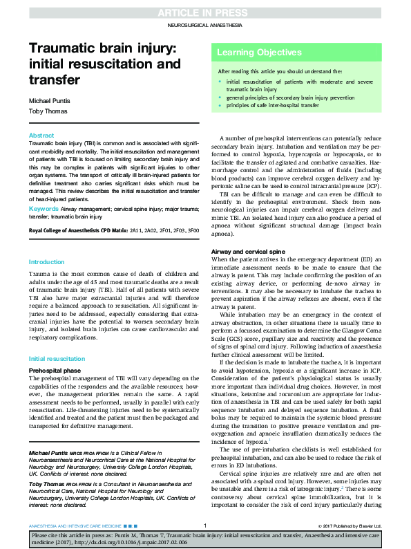(PDF) Traumatic brain injury: initial resuscitation and transfer