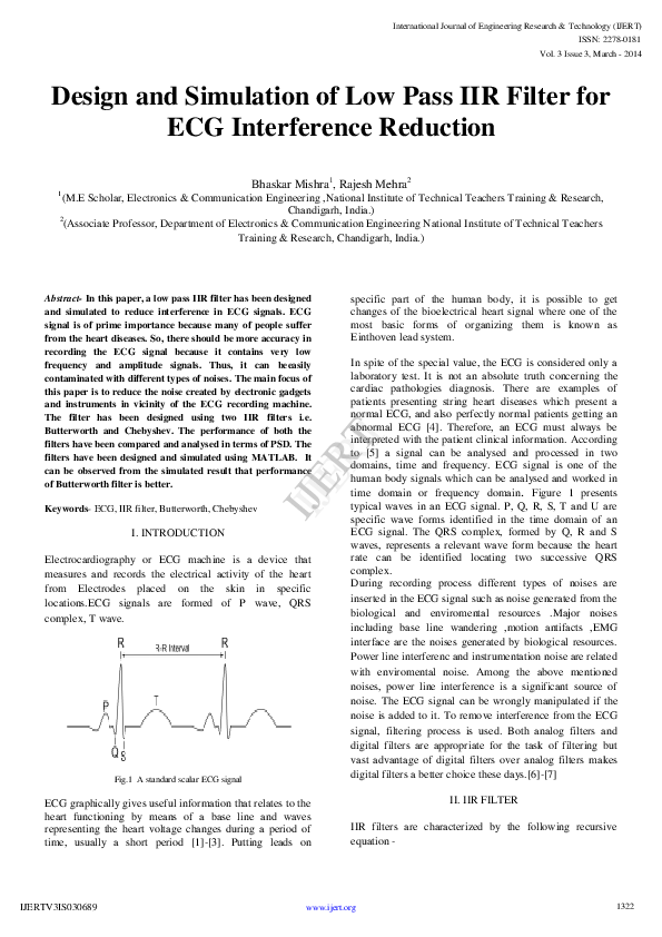 (PDF) Design and Simulation of Low Pass IIR Filter for ECG Interference ...