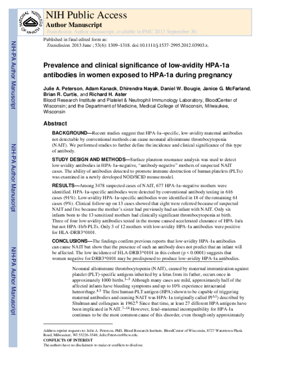 (PDF) Prevalence and clinical significance of low-avidity HPA-1a ...