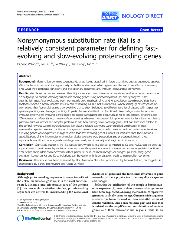 (PDF) Nonsynonymous substitution rate (Ka) is a relatively consistent ...