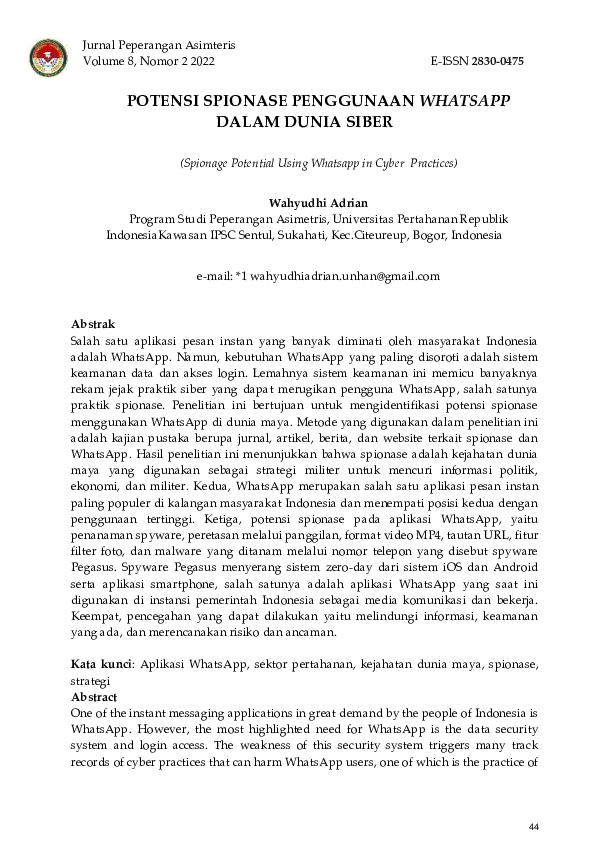 (PDF) Potensi Spionase Terhadap Penggunaan Whatsapp Dalam Bidang Pertahanan Indonesia