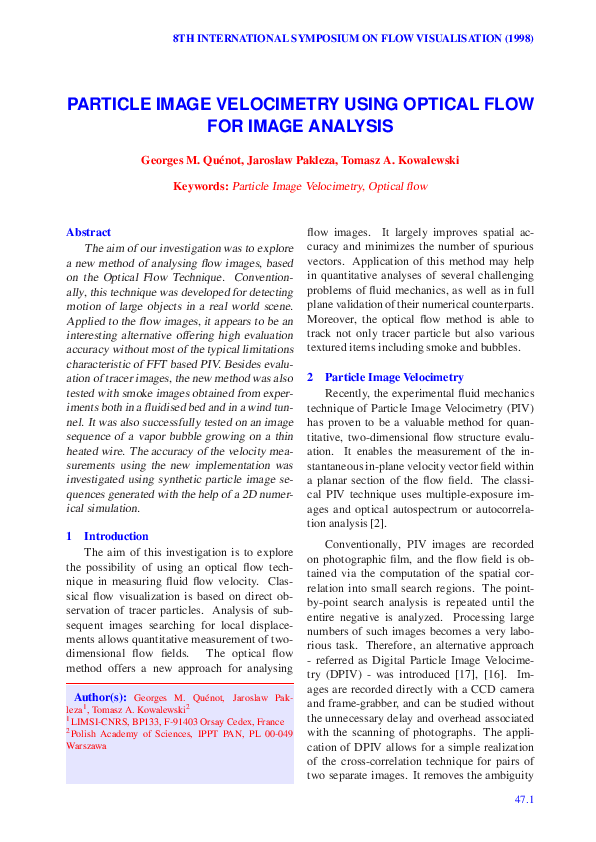 (PDF) Particle image velocimetry using optical flow for image analysis