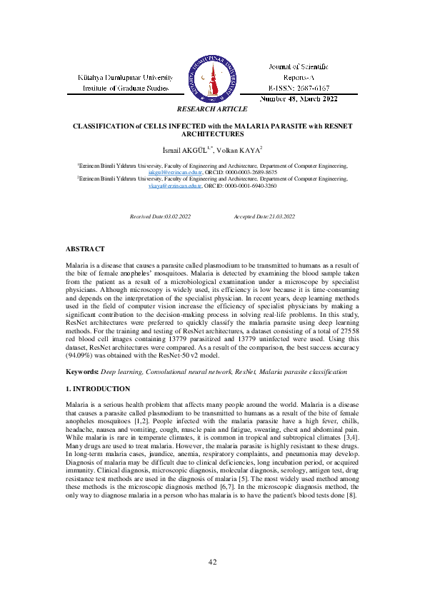 (PDF) CLASSIFICATION of CELLS INFECTED with the MALARIA PARASITE with ... (PDF) CLASSIFICATION of CELLS INFECTED with the MALARIA PARASITE with ...