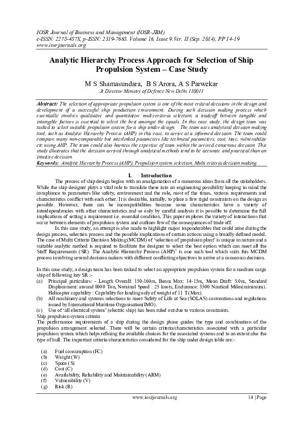 (PDF) Analytic Hierarchy Process Approach for Selection of Ship Propulsion System – Case Study