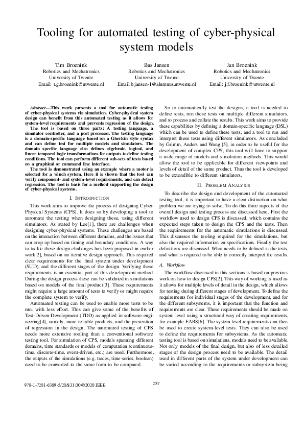 Pdf Tooling For Automated Testing Of Cyber Physical System Models