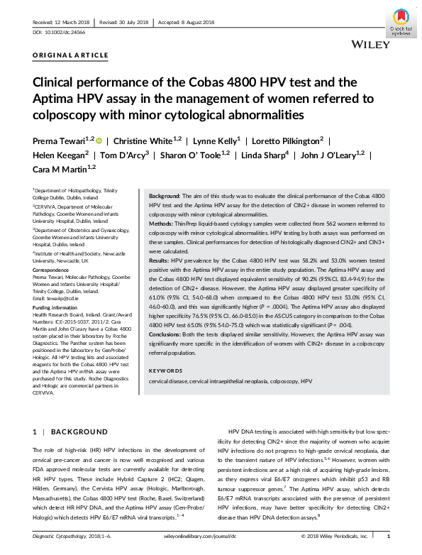 (PDF) Clinical performance of the Cobas 4800 HPV test and the Aptima ...