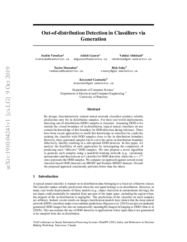 (PDF) Out-of-distribution Detection in Classifiers via Generation