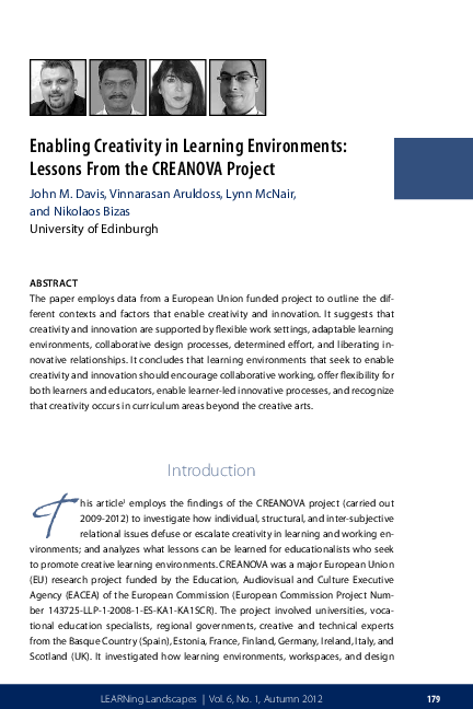 (PDF) Enabling Creativity in Learning Environments: Lessons From the CREANOVA Project