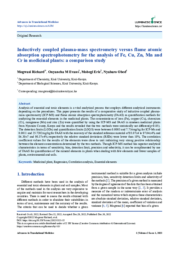 (PDF) Inductively coupled plasma-mass spectrometry versus flame atomic absorption ...