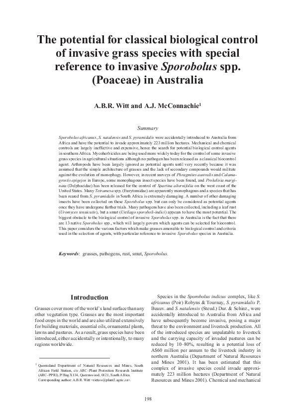 (PDF) The potential for classical biological control of invasive grass species with special ...