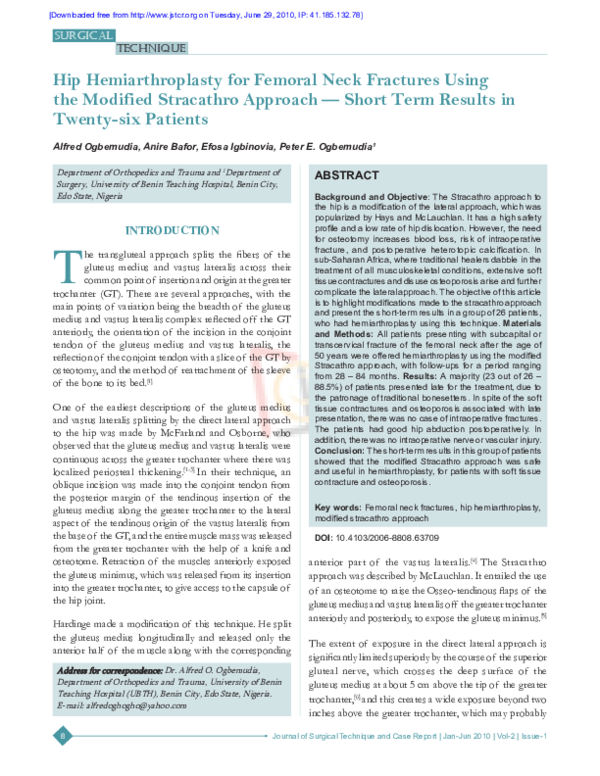 (PDF) Hip hemiarthroplasty for femoral neck fractures using the ...