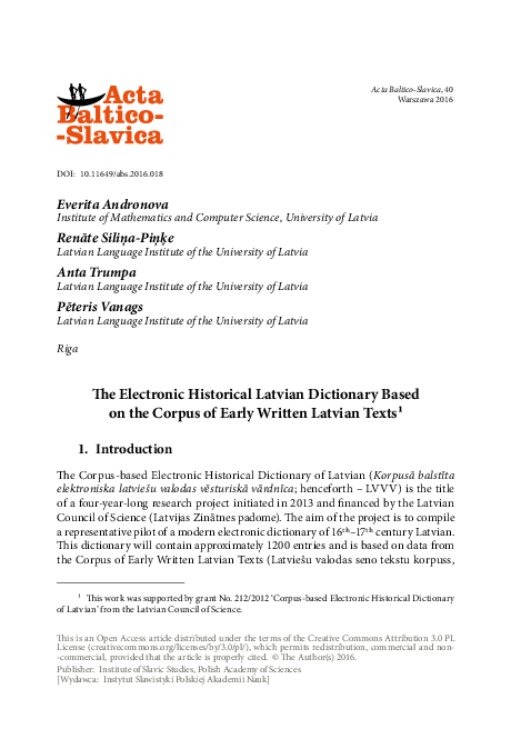 (PDF) The Electronic Historical Latvian Dictionary Based on the Corpus ...