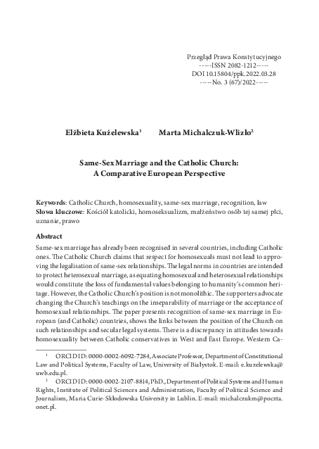 Pdf Same Sex Marriage And The Catholic Church A Comparative European