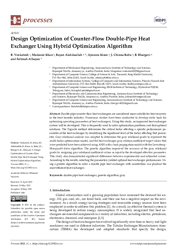 (PDF) Design Optimization of Counter-Flow Double-Pipe Heat Exchanger Using Hybrid Optimization ...