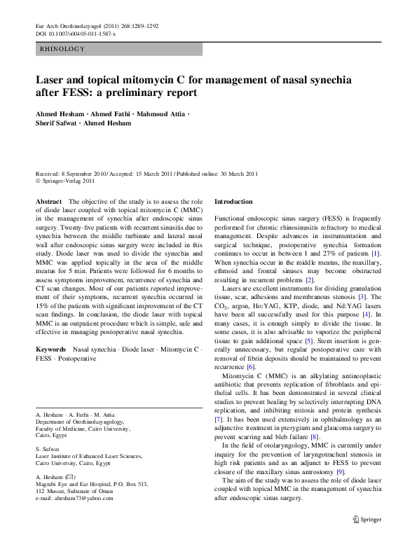 (PDF) Diode Laser and MMC for Nasal Synechia After FESS