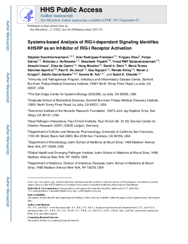 (PDF) Systems-based analysis of RIG-I-dependent signalling identifies KHSRP as an inhibitor of ...