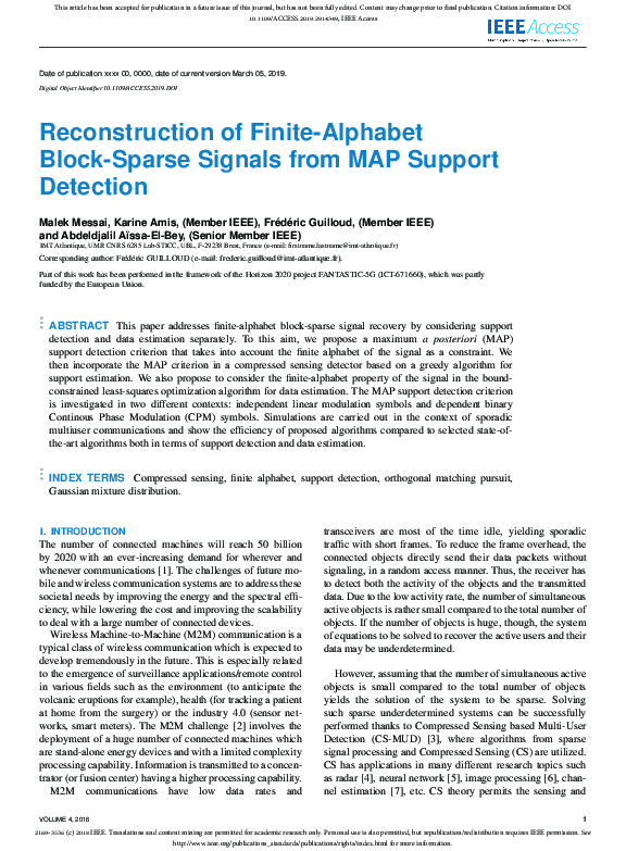 Pdf Reconstruction Of Finite Alphabet Block Sparse Signals From Map Support Detection