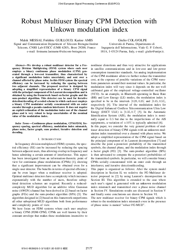 Pdf Robust Multiuser Binary Cpm Detection With Unkown Modulation Index Malek Messai 