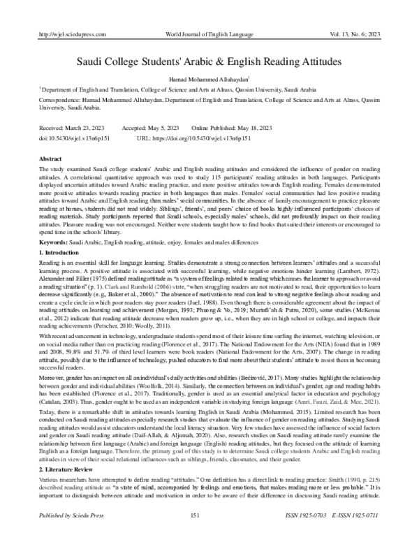 (PDF) Saudi College Students' Arabic & English Reading Attitudes