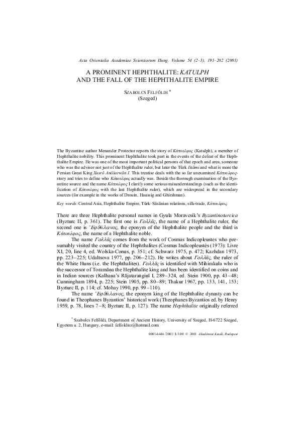 (PDF) A prominent Hephthalite:Katulphand the fall of the Hephthalite Empire