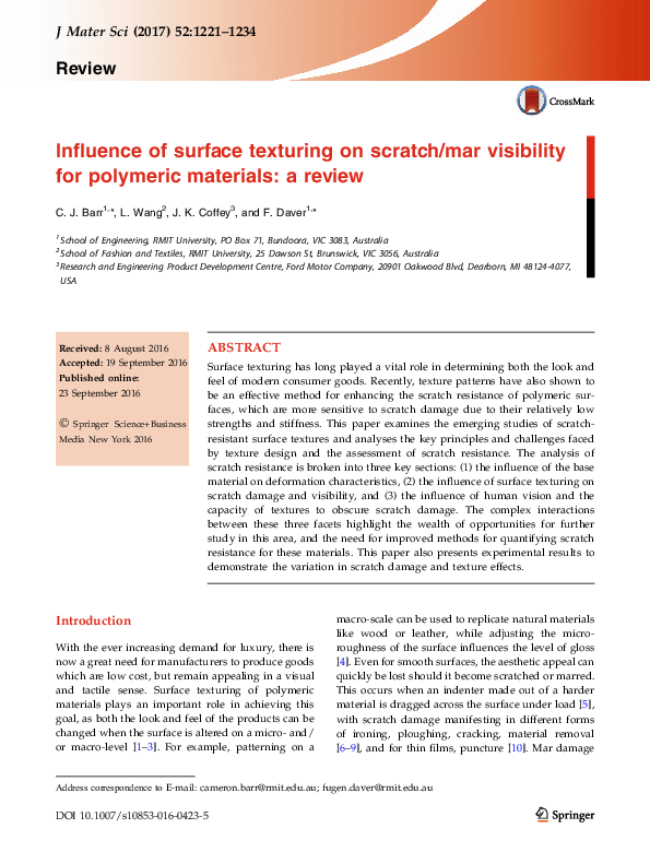 (PDF) Influence of surface texturing on scratch/mar visibility for ...