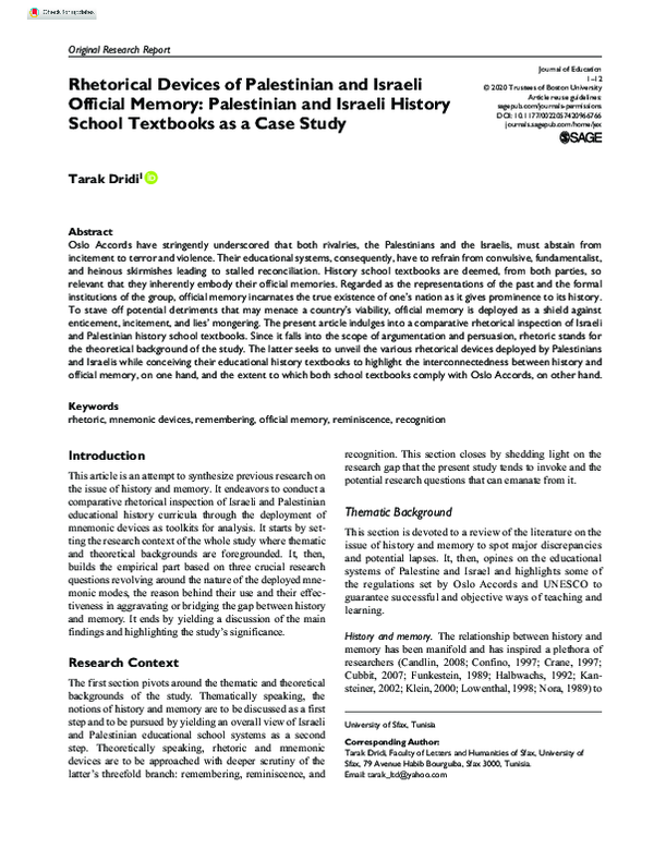 (PDF) Rhetorical Devices of Palestinian and Israeli Official Memory ...