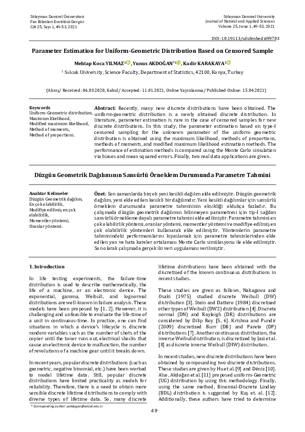 (PDF) Düzgün Geometrik Dağılımının Sansürlü Örneklem Durumunda Parametre Tahmini