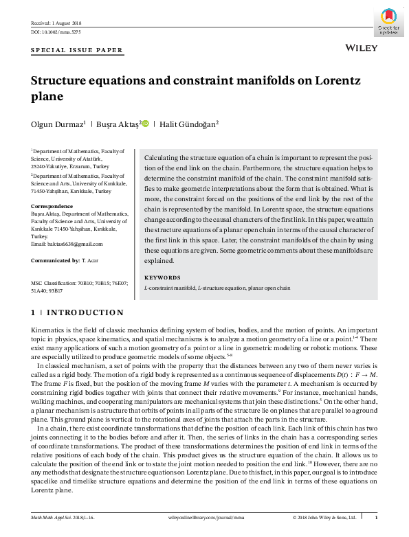 (PDF) Structure equations and constraint manifolds on Lorentz plane