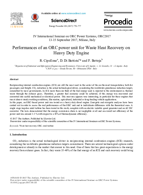 (PDF) Performances of an ORC power unit for Waste Heat Recovery on Heavy Duty Engine