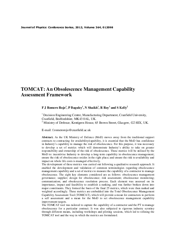 (PDF) TOMCAT: An Obsolescence Management Capability Assessment Framework