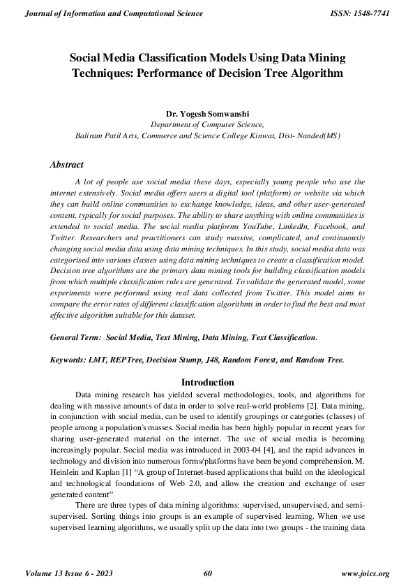 (PDF) Social Media Classification Models Using Data Mining Techniques: Performance of Decision ...