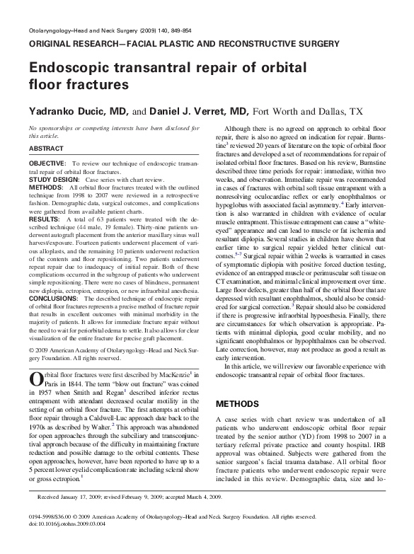 (PDF) Endoscopic transantral repair of orbital floor fractures ...
