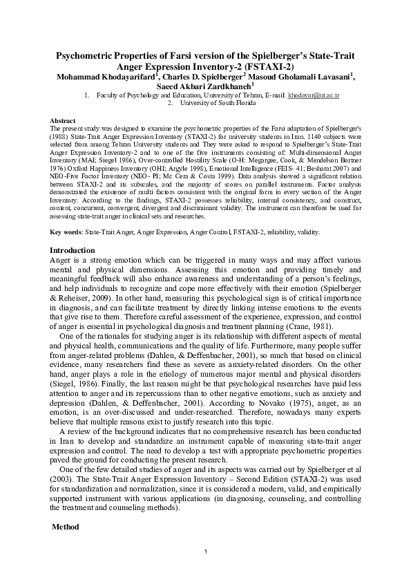 Pdf Psychometric Properties Of Farsi Version Of The Spielberger‘s State Trait Anger Expression