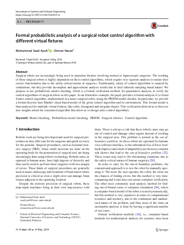 (PDF) Formal probabilistic analysis of a surgical robot control algorithm with different virtual ...