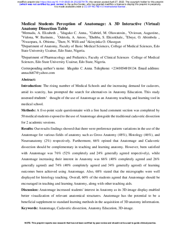 (PDF) Medical Students Perception of Anatomage: A 3D Interactive ...