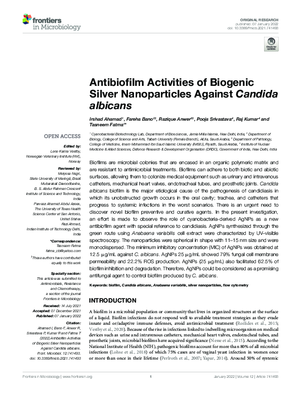 (PDF) Antibiofilm Activities of Biogenic Silver Nanoparticles Against Candida albicans