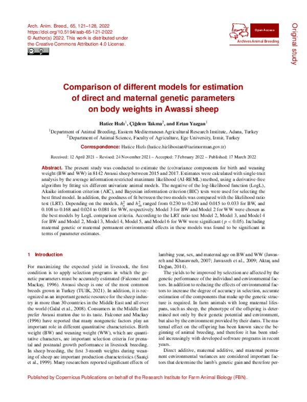 Pdf Comparison Of Different Models For Estimation Of Direct And Maternal Genetic Parameters On