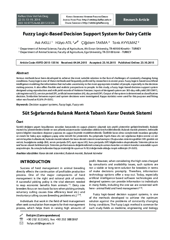 (PDF) Fuzzy Logic-Based Decision Support System for Dairy Cattle