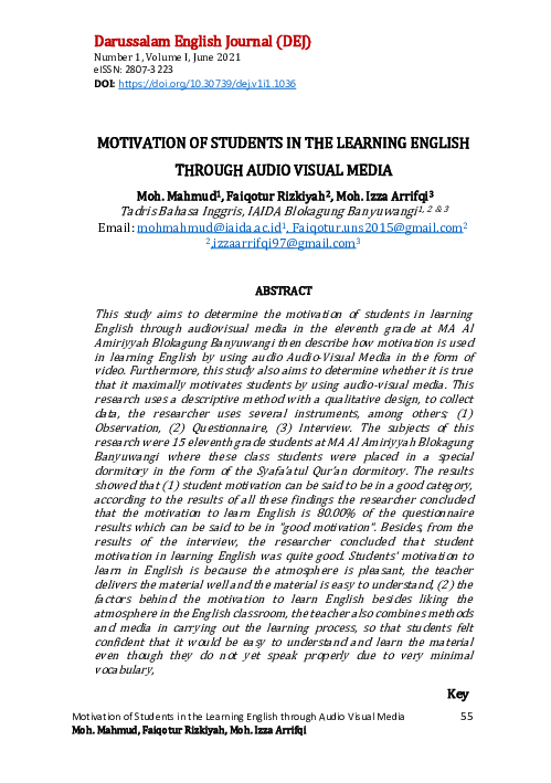 (PDF) Motivation of Students in the Learning English through Audio Visual Media