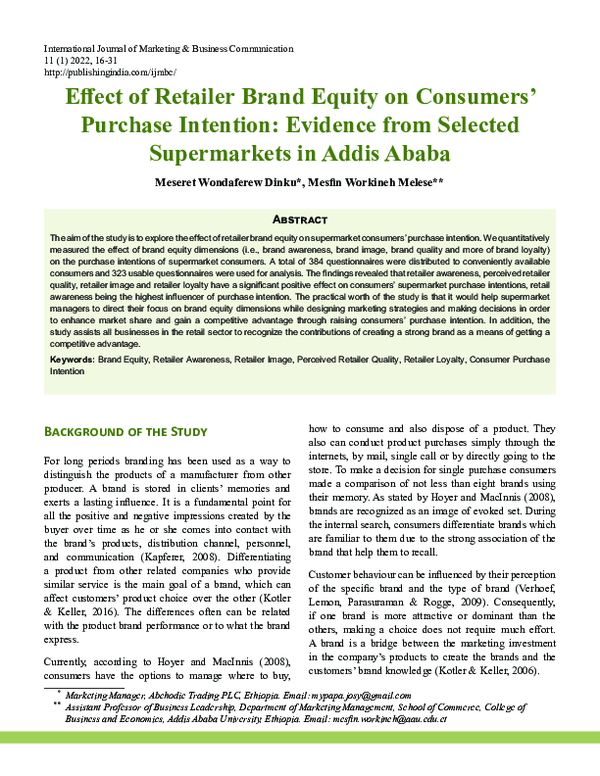(PDF) Effect of Retailer Brand Equity on Consumers’ Purchase Intention: Evidence from Selected ...