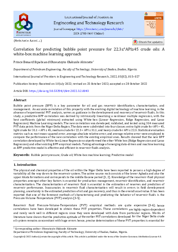 (PDF) Correlation for predicting bubble point pressure for 22.3≤°API≥45 crude oils: A white-box ...