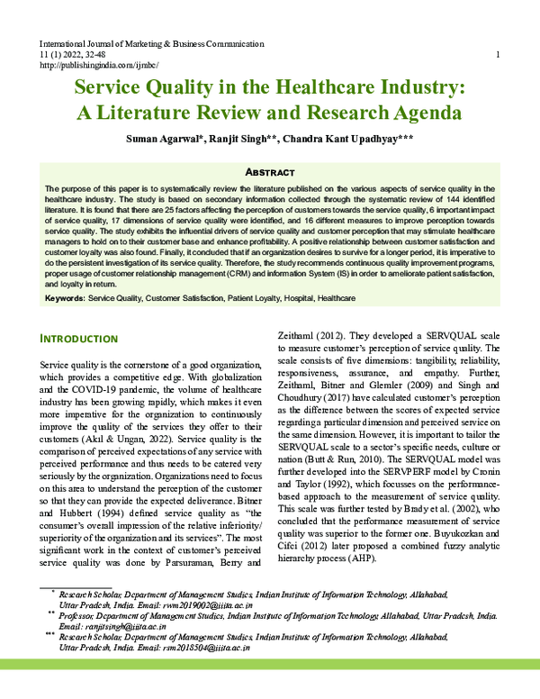 (PDF) Service Quality in the Healthcare Industry: A Literature Review ...