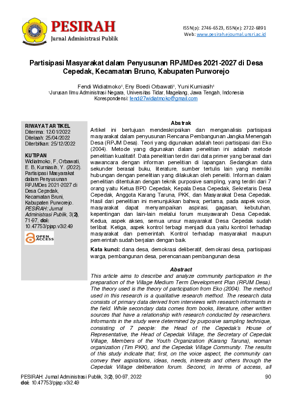 (PDF) Partisipasi Masyarakat dalam Penyusunan RPJMDes 2021-2027 di Desa ...