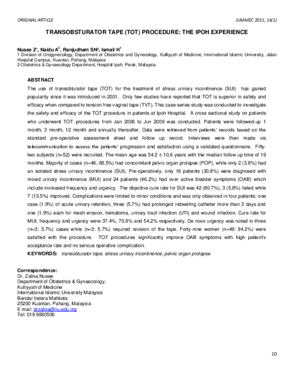 (PDF) Transobsturator Tape (Tot) Procedure: The Ipoh Experience